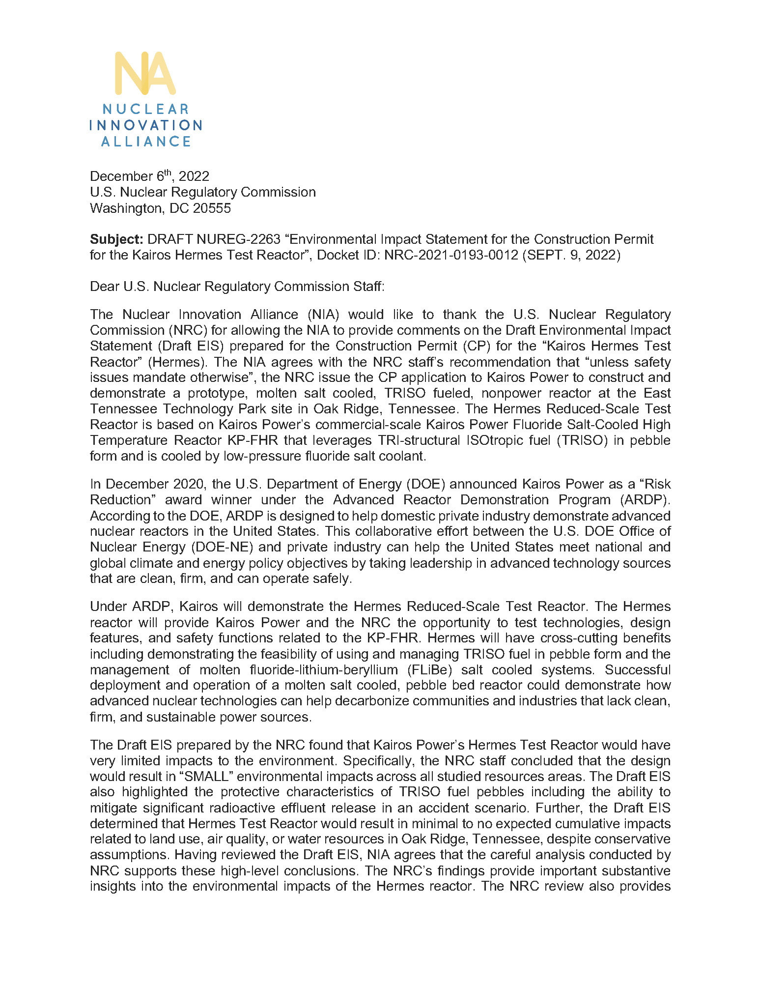 NIA Public Comment on Kairos Power's Hermes Draft EIS | NIA